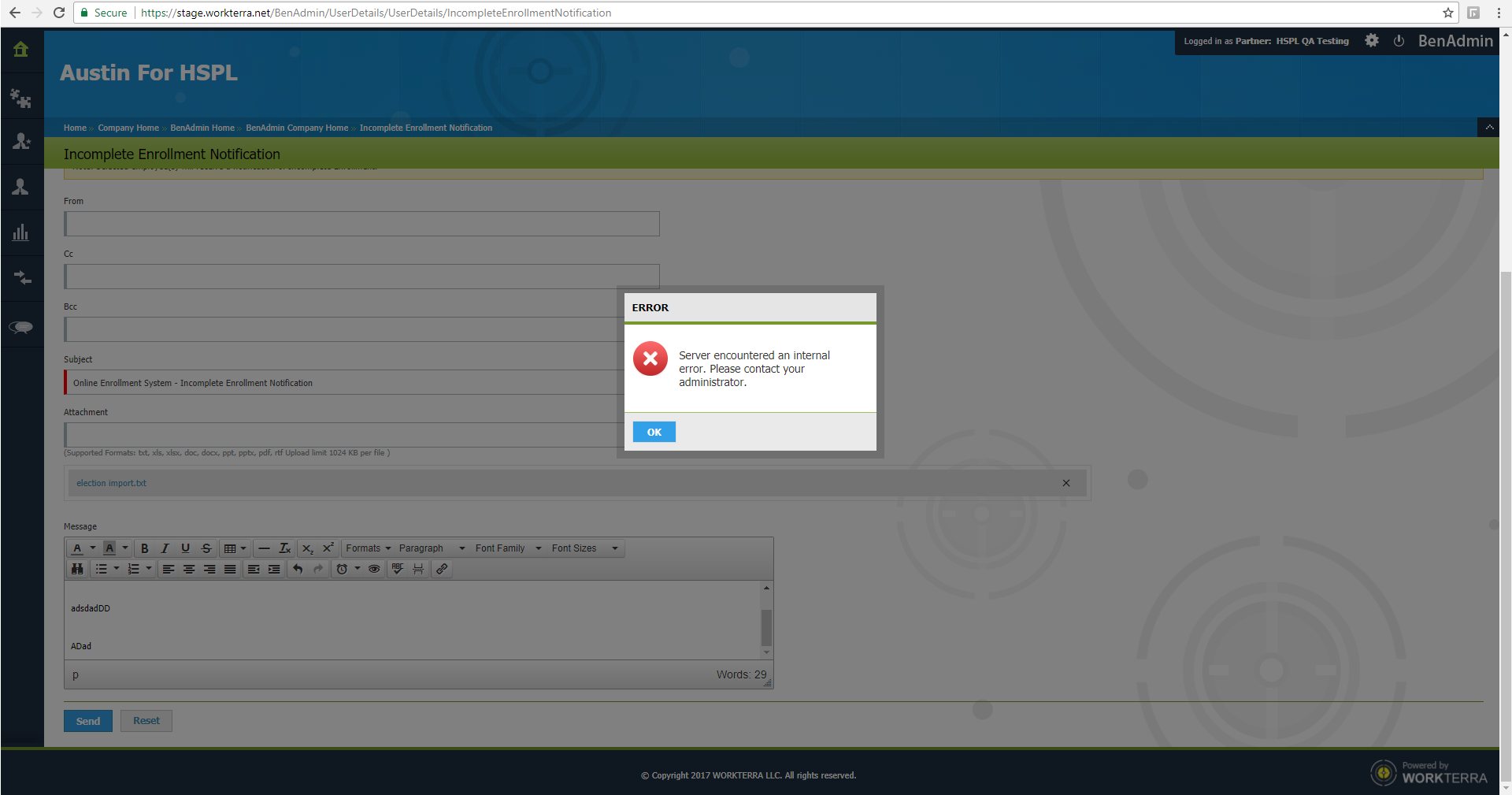 Wb 672 Incomplete Enrollment Notification Getting Server Error After Sending Mail With